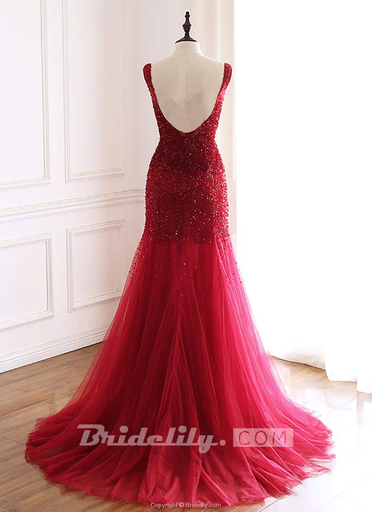 Burgundy Tulle Open Back Beaded Long Mermaid Prom Dress on Luulla