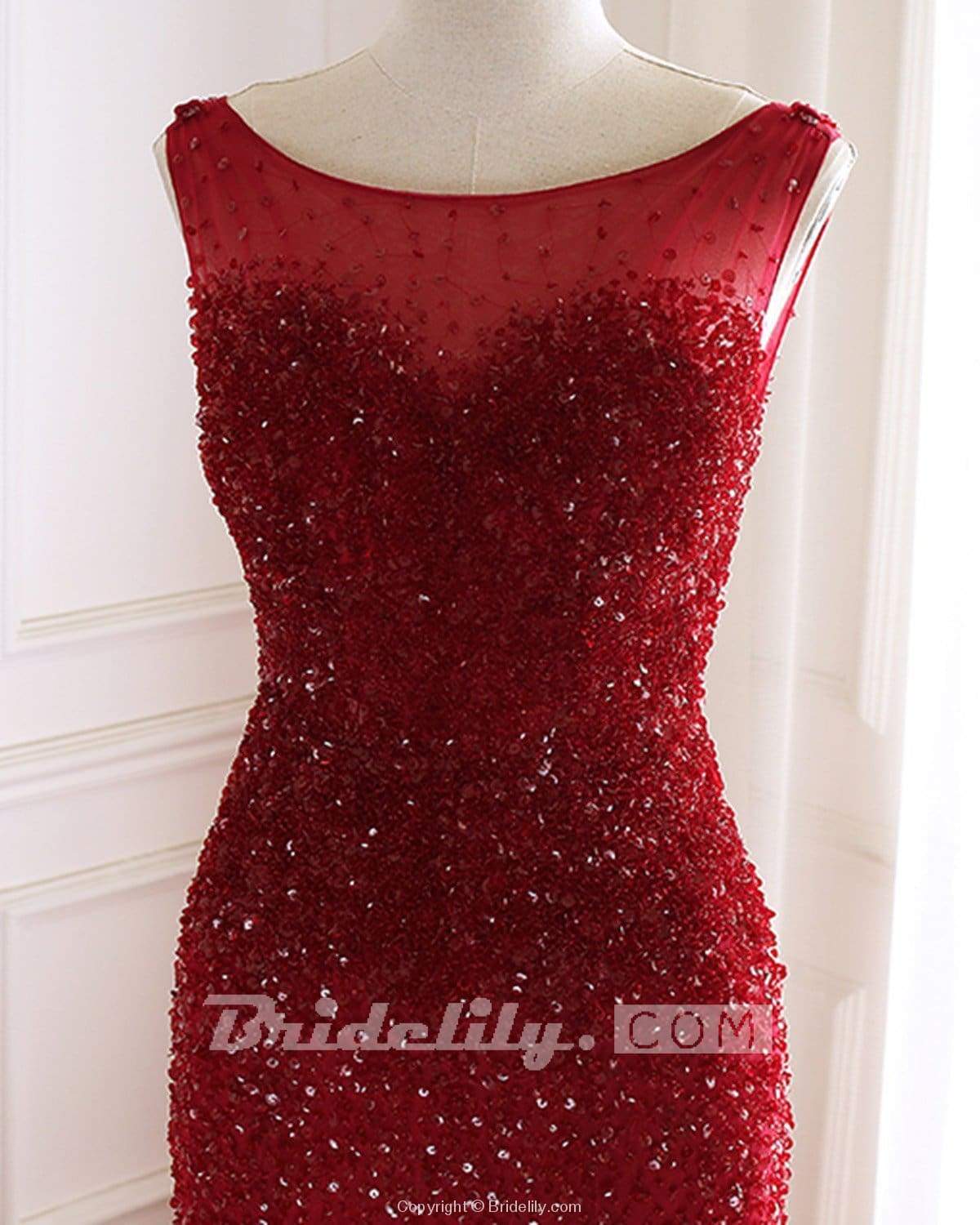 Burgundy Tulle Open Back Beaded Long Mermaid Prom Dress on Luulla