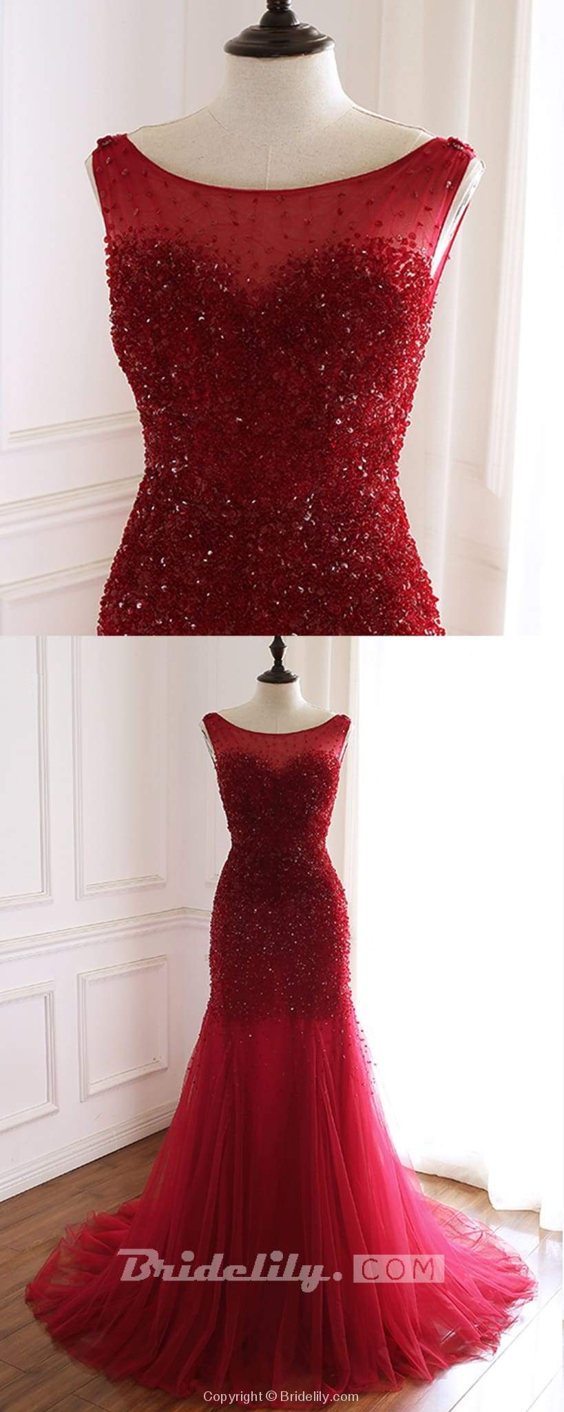 Burgundy Tulle Open Back Beaded Long Mermaid Prom Dress on Luulla