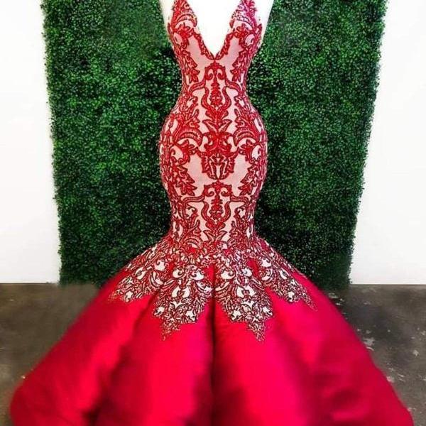 Red Mermaid Deep V Neck Lace Appliques Mermaid Prom Dresses on Luulla