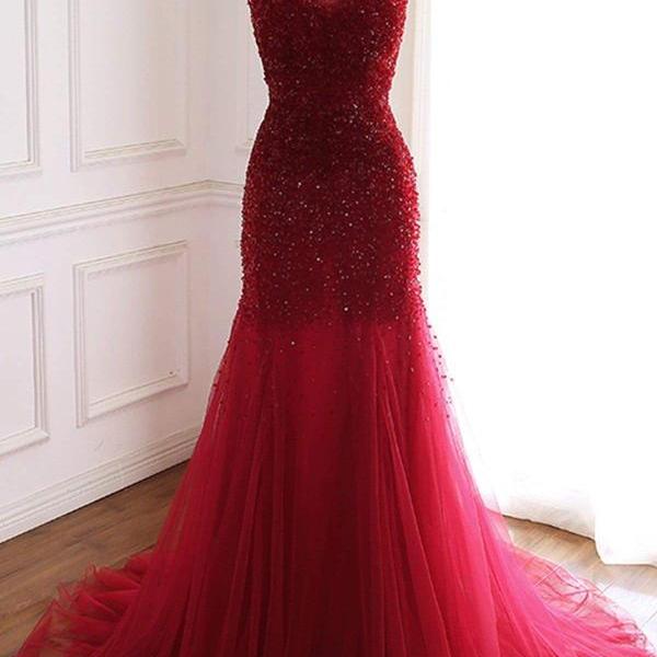 Burgundy Tulle Open Back Beaded Long Mermaid Prom Dress on Luulla