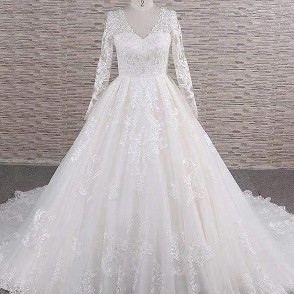 Graceful V-neck Long Sleeve Appliques Wedding Dress on Luulla