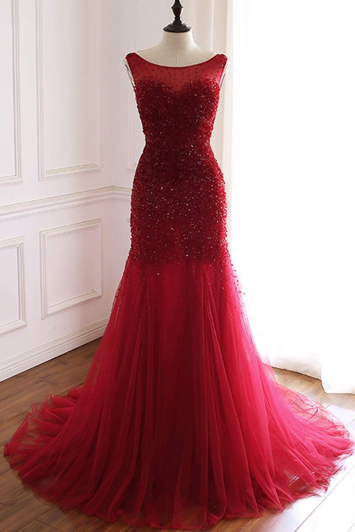 Burgundy Tulle Open Back Beaded Long Mermaid Prom Dress on Luulla